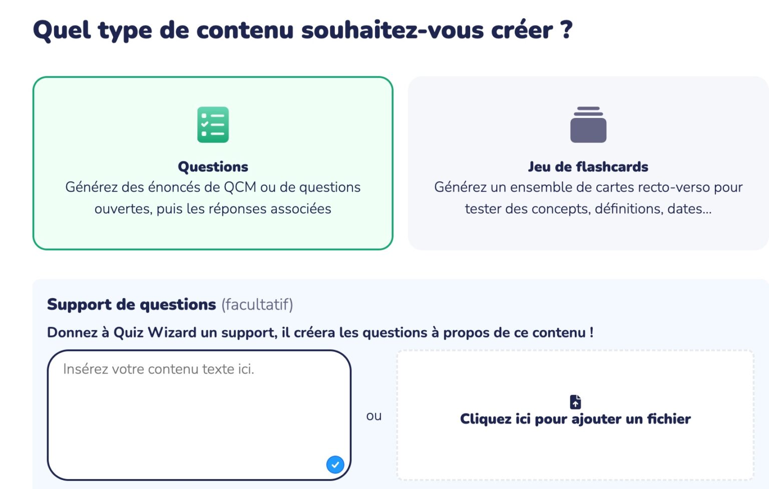 Quiz Wizard. Un outil IA pour créer des quiz et flashcards en quelques ...