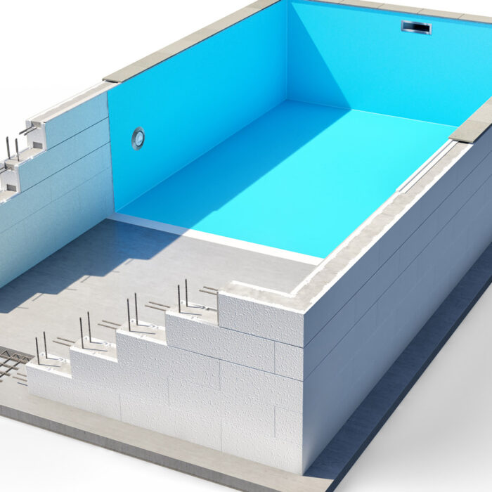 Poolsarg med kantsten runt pool. Rundad poolsarg ger skön sittyta