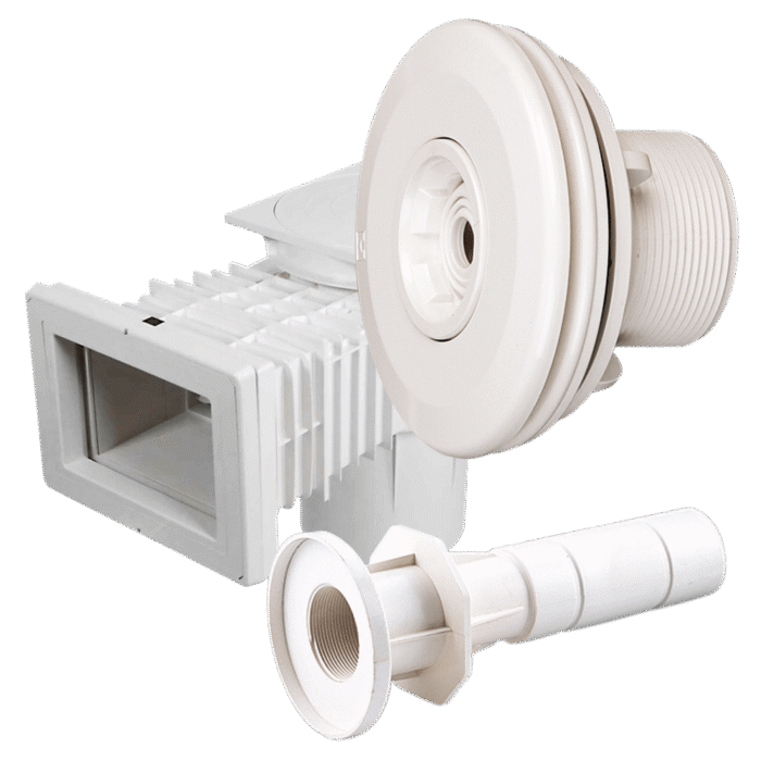 Poolsarg med kantsten runt pool. Rundad poolsarg ger skön sittyta